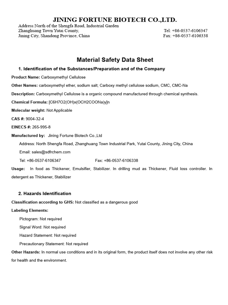 MSDS Sodium Carboxymethyl Cellulose (CMC) TM9A Jining Fortune Biotech ...