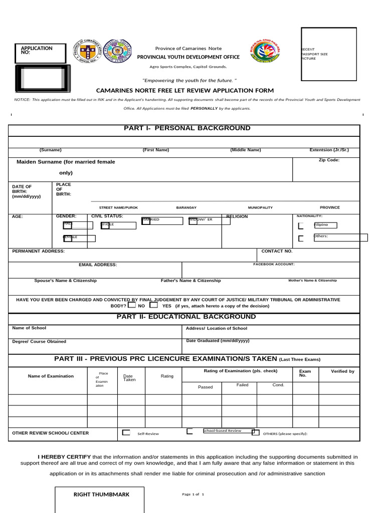 Camarines Norte Review Application Form | PDF | Justice | Crime & Violence