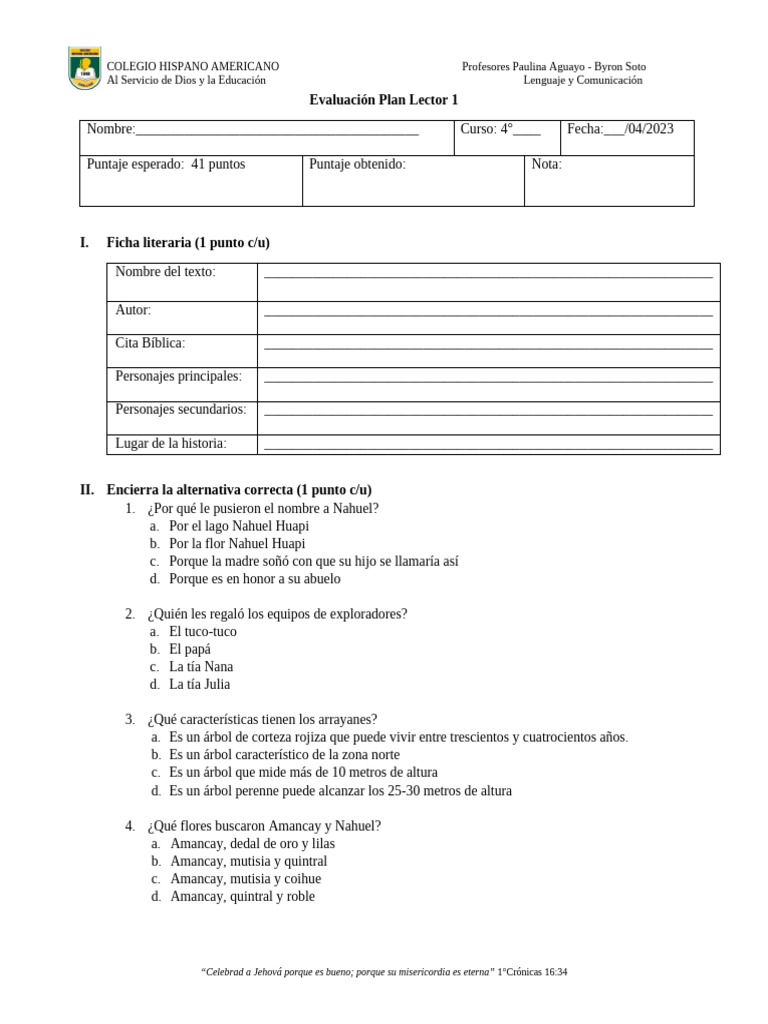I.E_Plan Lector_4° básico | PDF