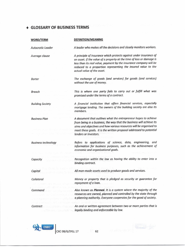 CSEC POB Syllabus - Extract - Glossary of Terms | PDF