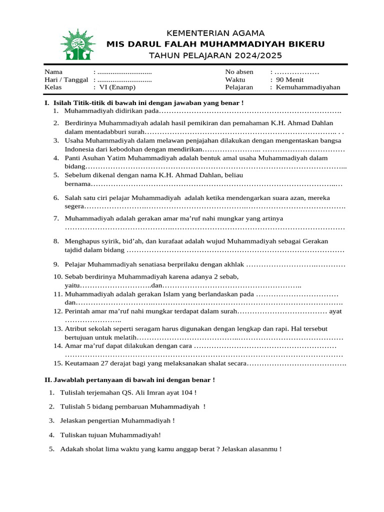 SOAL SAT Kemuhammadiyahan - SEMESTER 2 | PDF