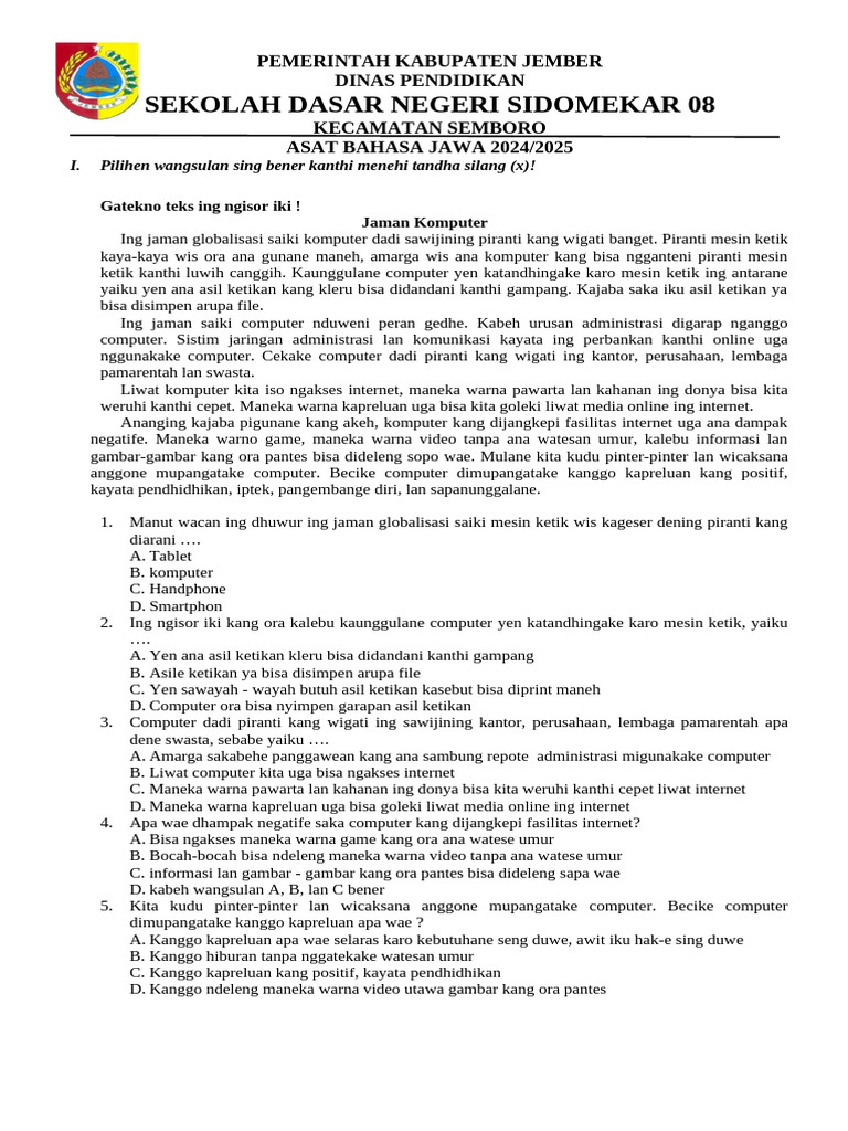 Soal Asat B.jawa 2024-2025 | PDF