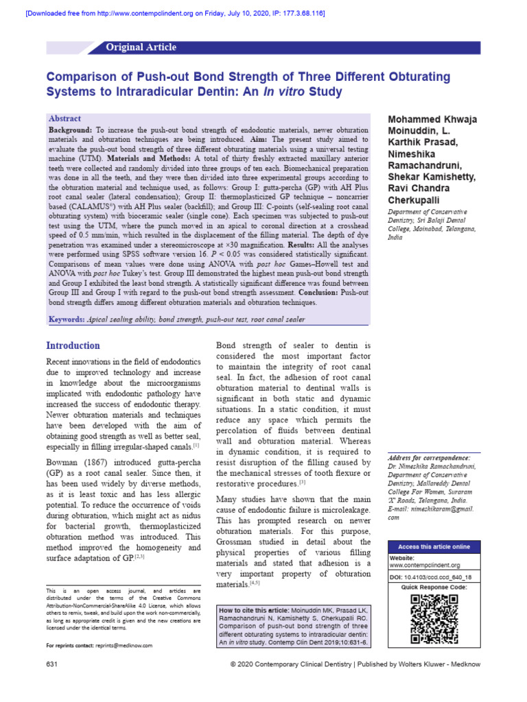 Comparison of Push-Out Bond Strength of Three Diff | PDF | Analysis Of Variance | Dentistry Branches