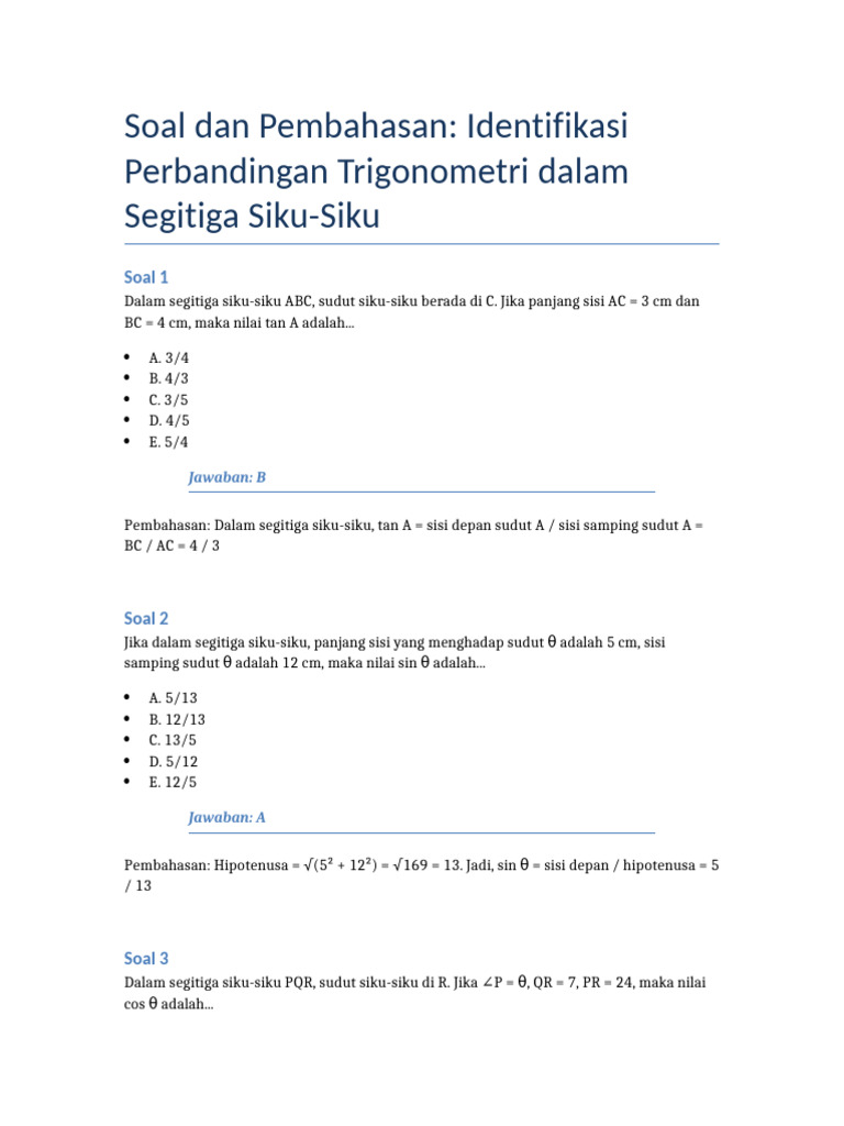 Soal Trigonometri Segitiga Siku | PDF
