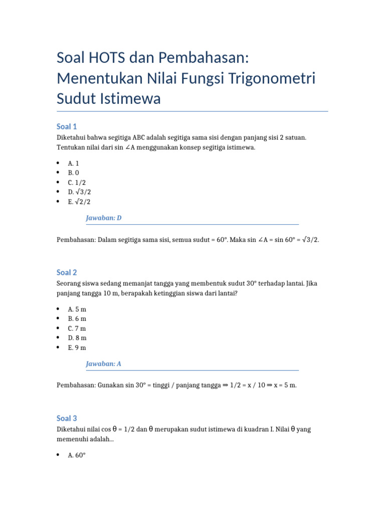 Soal HOTS Trigonometri Sudut Istimewa | PDF
