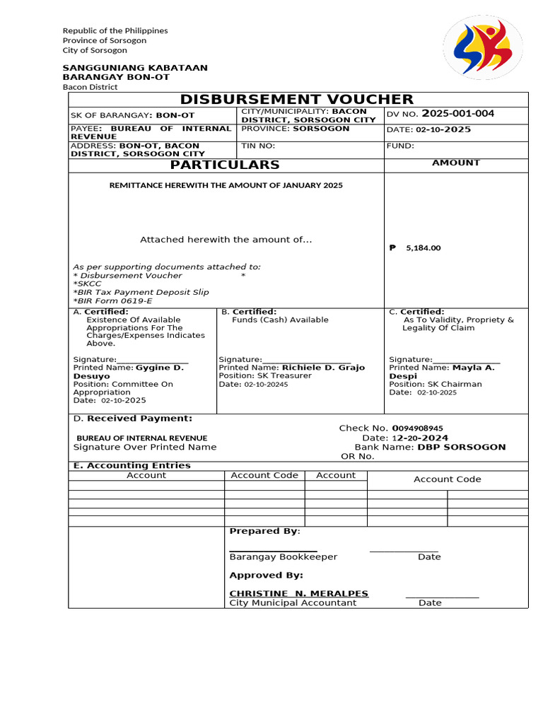Disbursement-Voucher FOR BIR SK | PDF | Payments | Financial Services