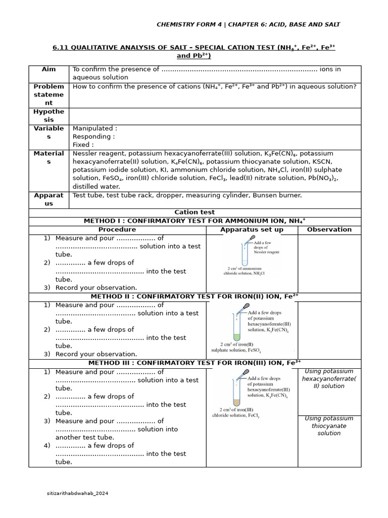 Experiment Special Cation Test | PDF | Ammonium | Chemical Substances