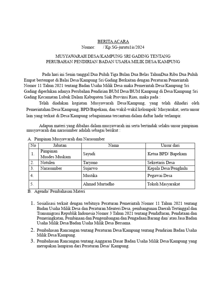 Berita Acara Muskam BUMKam Bina Lestari | PDF