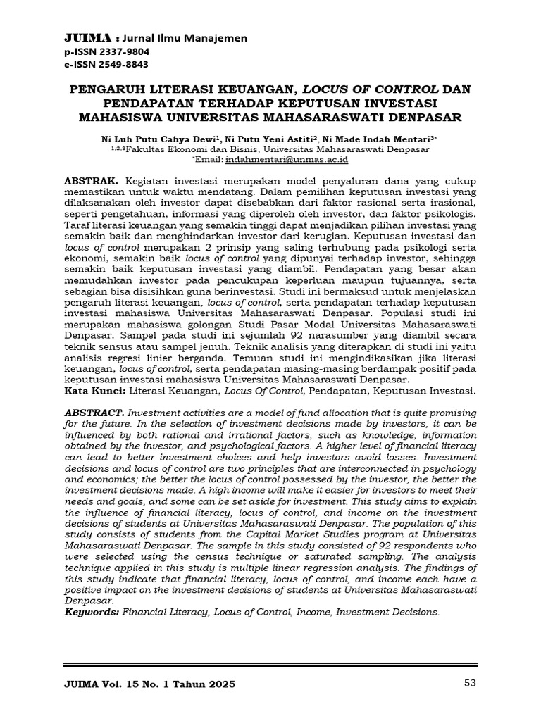 PENGARUH LITERASI KEUANGAN, LOCUS OF CONTROL DAN PENDAPATAN TERHADAP KEPUTUSAN INVESTASI ...