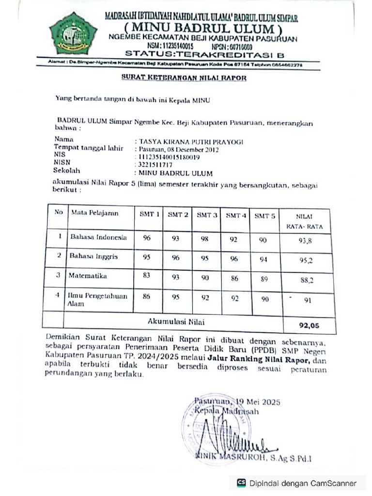 SK Nilai Rapot Caca | PDF