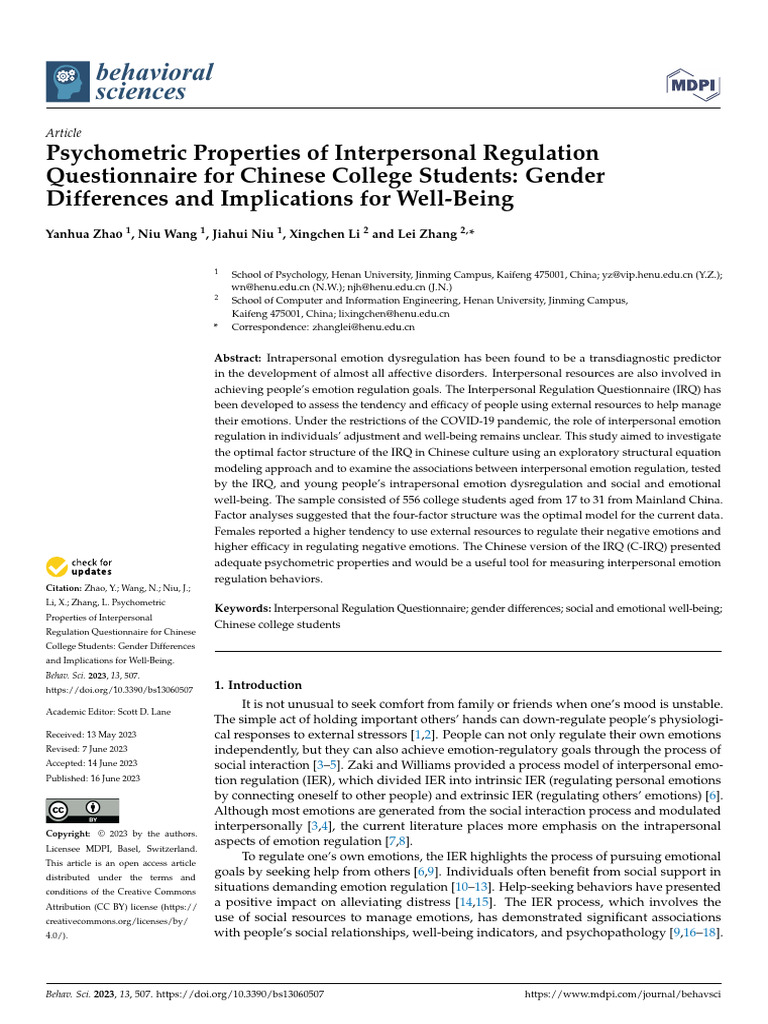 Psychometric Properties of Interpersonal Regulation Questionnaire for Chinese College Students ...