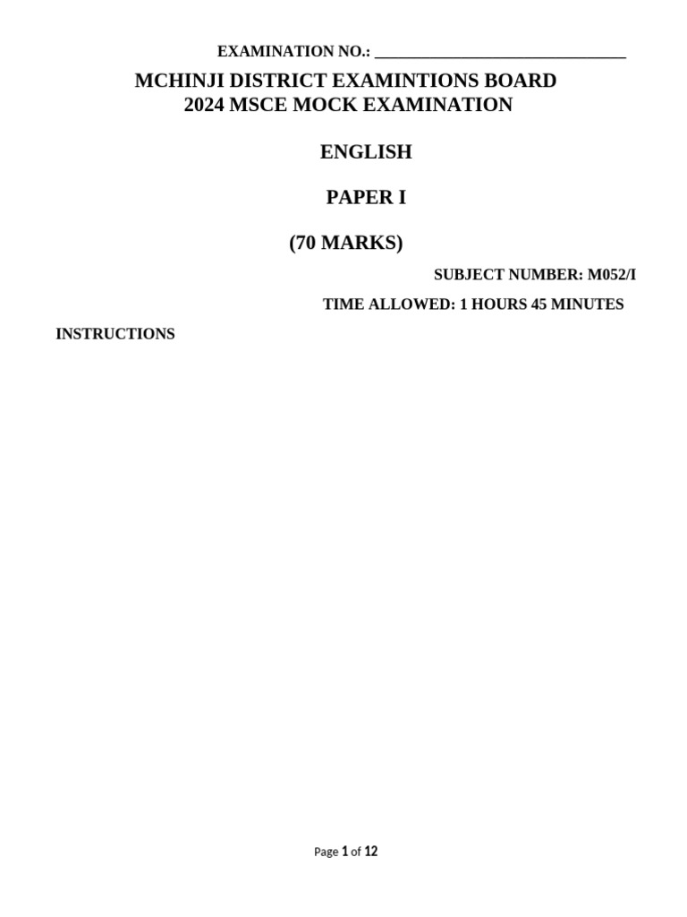 English Msce Mock Paper I-1 | PDF | Adjective | Adverb