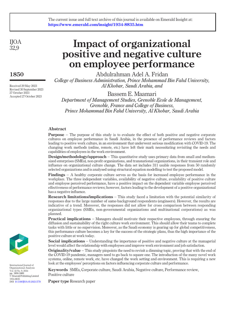 Impact of Organizational Positive and Negative Culture On Employee ...
