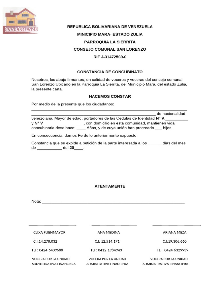 Contancia de Concubinato San Lorenzo | PDF