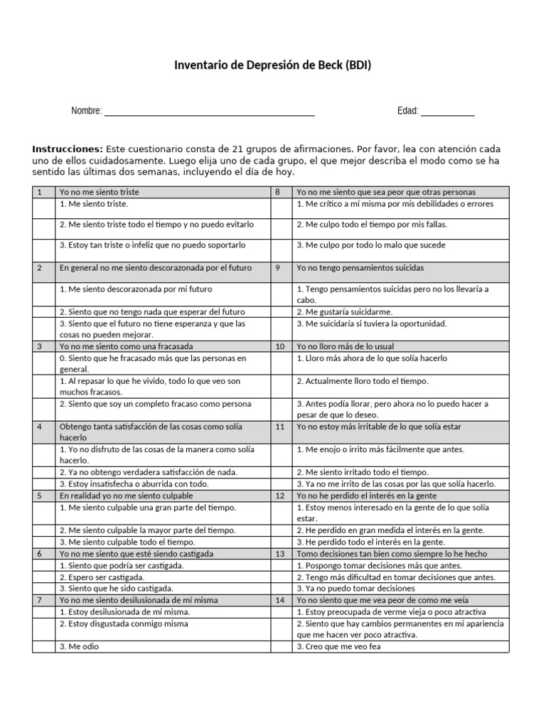 Inventario de Depresión de Beck | PDF