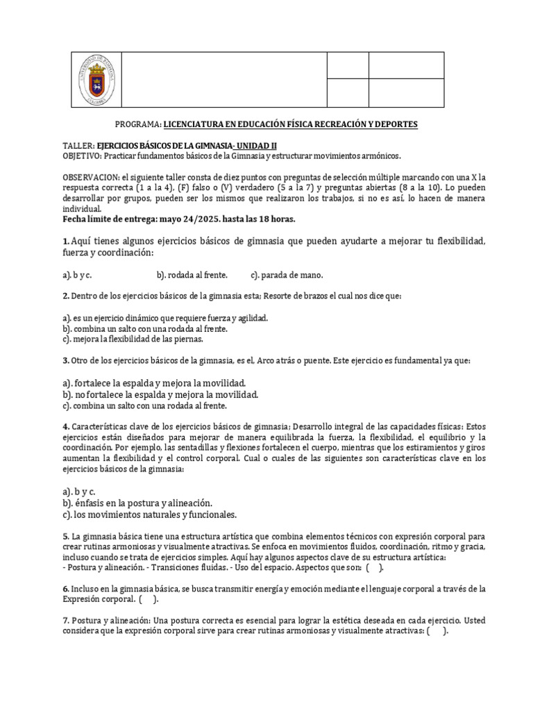 2do Taller Gimnasia Basica 2025-1. Unidad II | PDF | Gimnasia