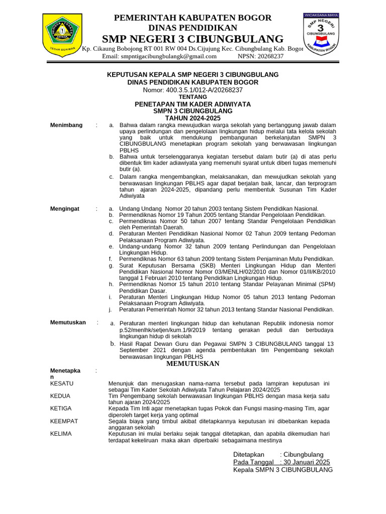 1. Sk Kader Adiwiyata 2024-2025 | PDF