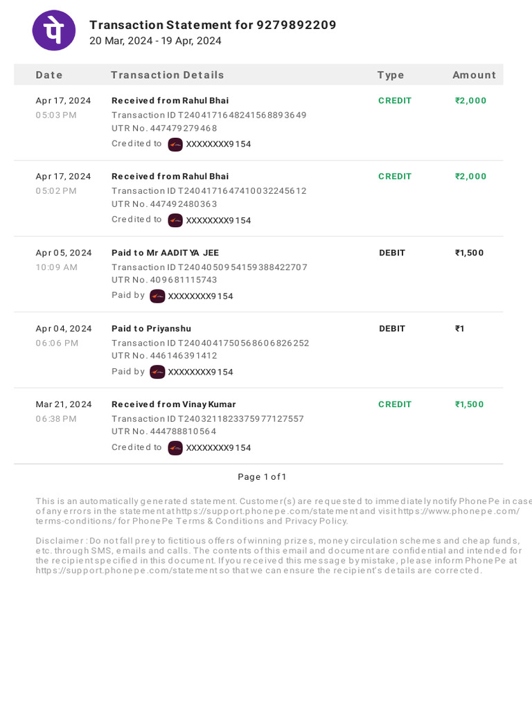 PhonePe Statement Mar2024 Apr2024 | PDF
