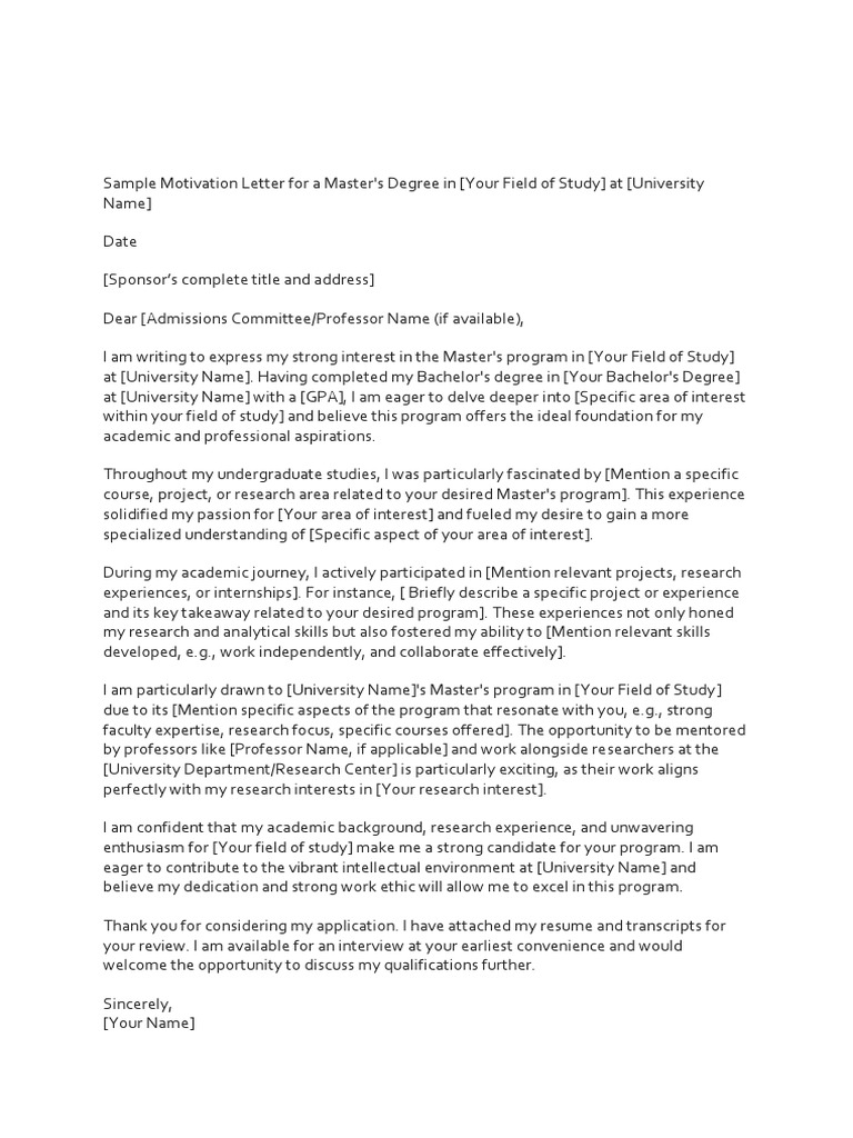 PDF Format of Sample of Motivation Letter For Master's Degree | PDF | Academic Degree | Master's ...