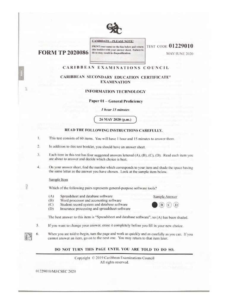 CSEC 2020 IT Past Paper Mult Choice Answers | PDF
