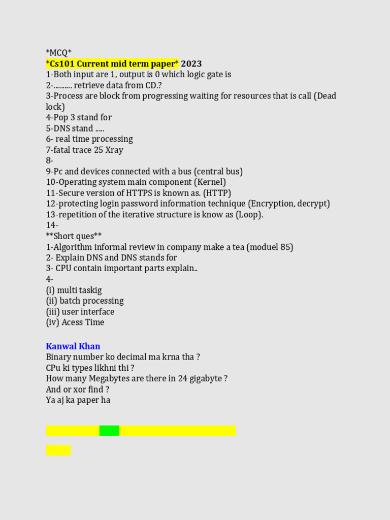 cs101 Current Mid Past Papers by Students, 2023, 2022, 2021 | PDF | Input/Output | Computer ...