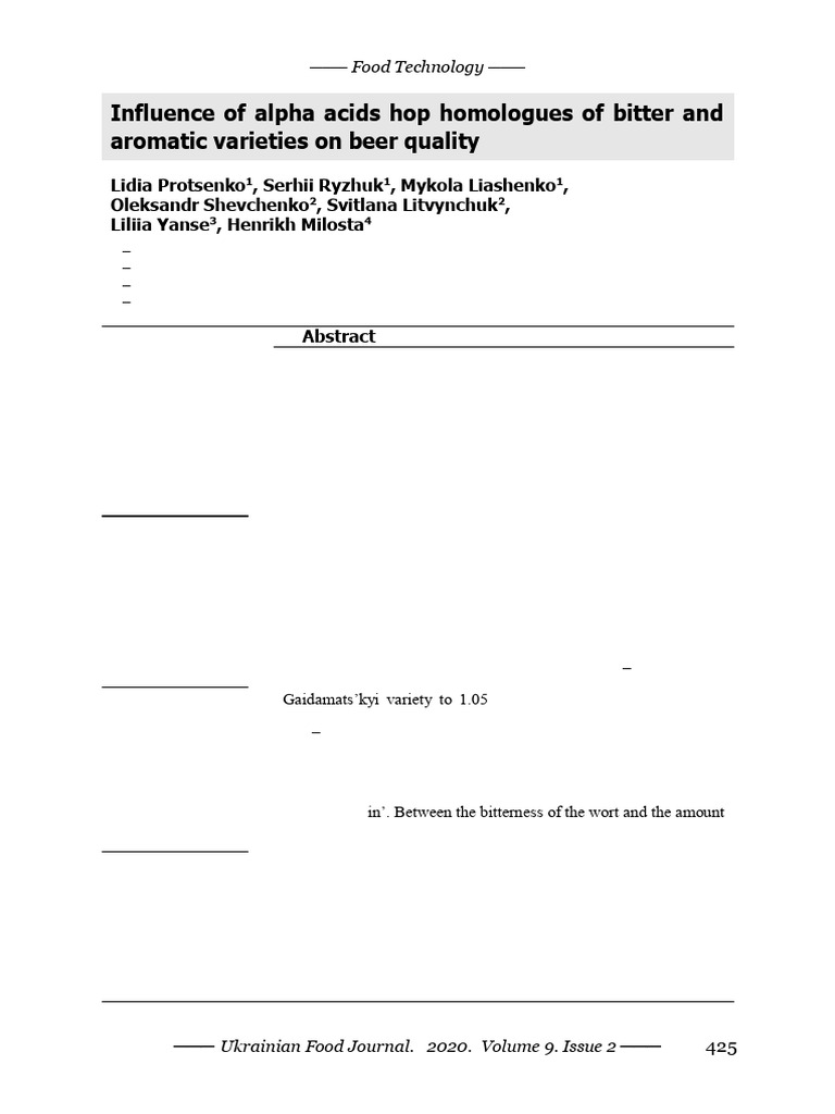 Influence of Alpha Acids Hop Homologues of Bitter and Aromatic ...