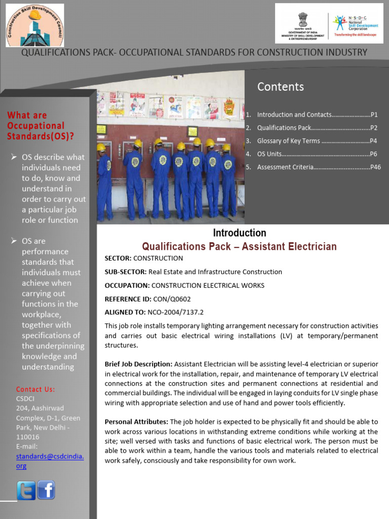 Qualifications Pack for Assistant Electrician | PDF | Electrical Wiring ...