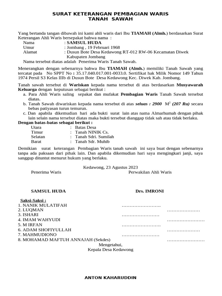 SURAT WARIS TIYAMAH Bote | PDF