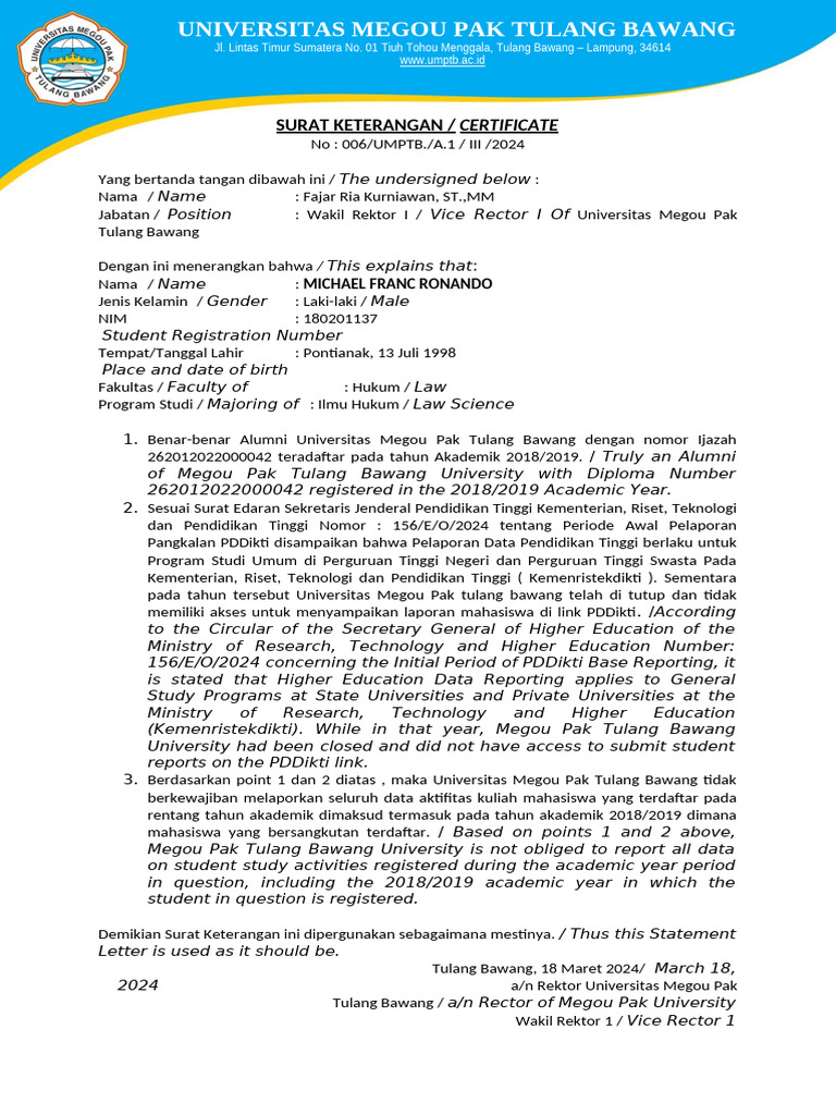 Contoh Surat Keterangan Alumni. | PDF