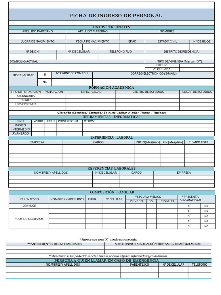 FICHA DE INGRESO DE PERSONAL | PDF