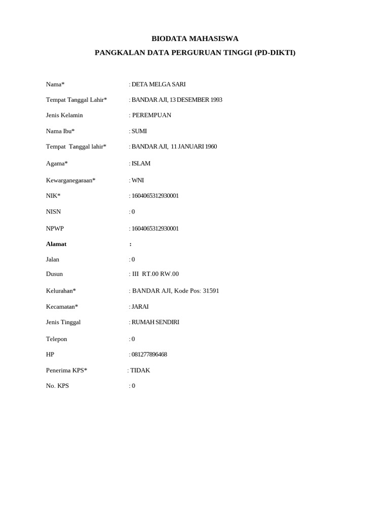 Format Biodata Diri PDDIKTI | PDF