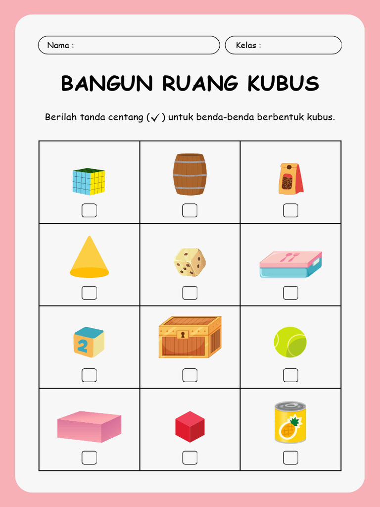 Lembar Kerja Bangun Ruang Kubus Merah Muda Ilustratif | PDF