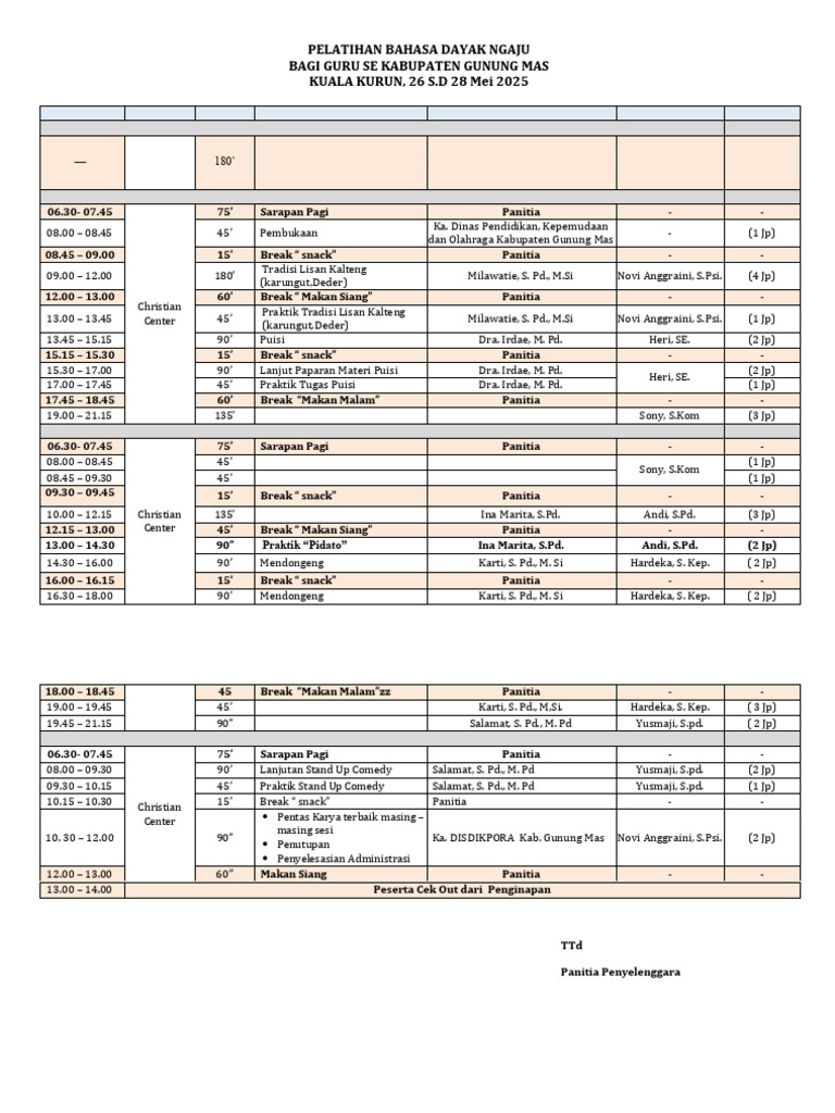 Jadwal Kegiatan Bimbingan Teknis Guru Utama | PDF