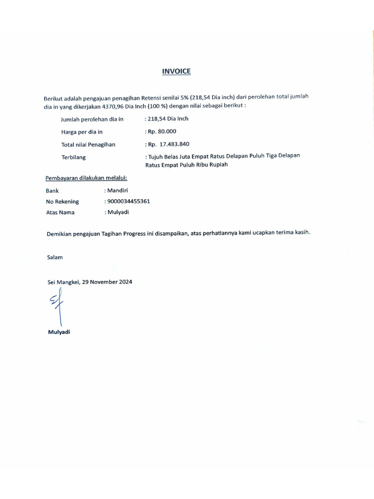 Invoice Tagihan Pemborong Retensi 5% (Project Pabrik Minyak Goreng INL ...