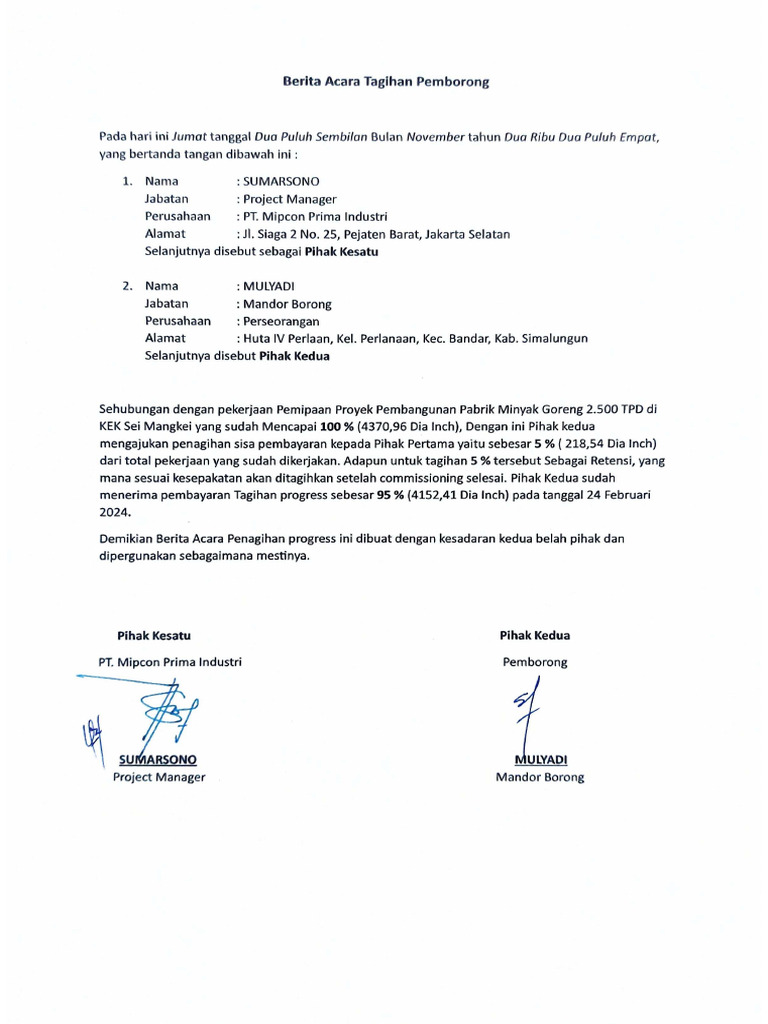 BA Tagihan Pemborong Retensi 5% (Project Pembangunan Pabrik Minyak ...
