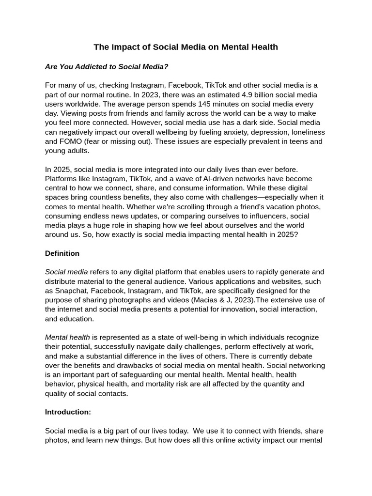 The Impact of Social Media On Mental Health | PDF | Social Media ...