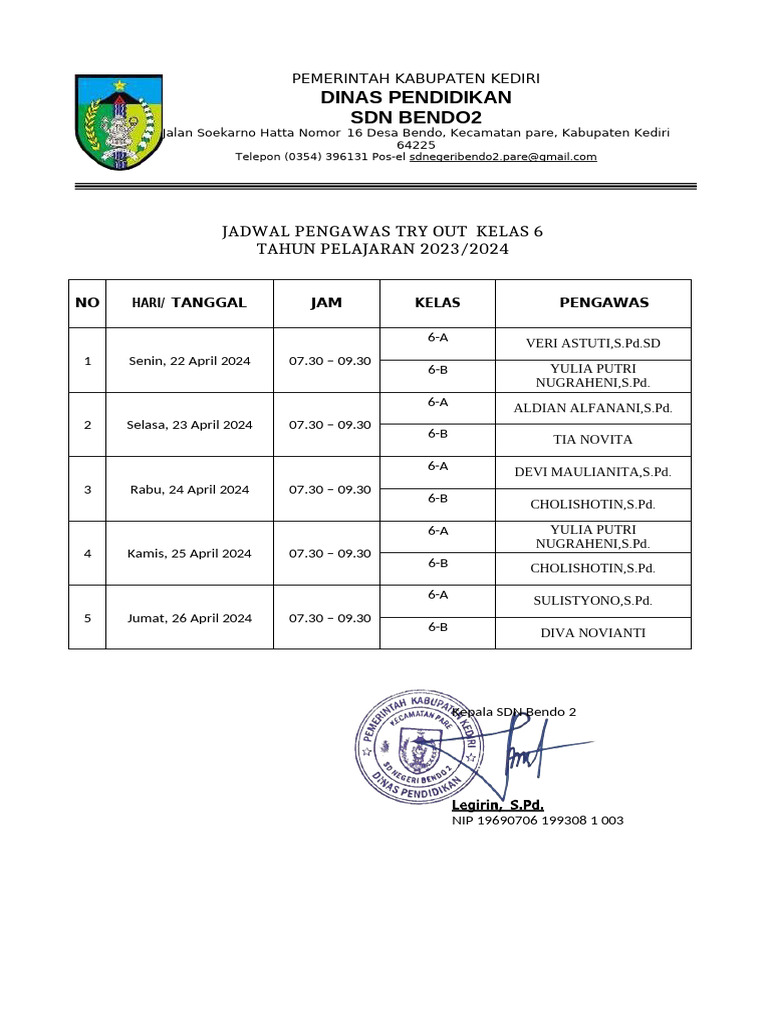 Jadwal Pengawas Tryout Kelas VI 2024 | PDF