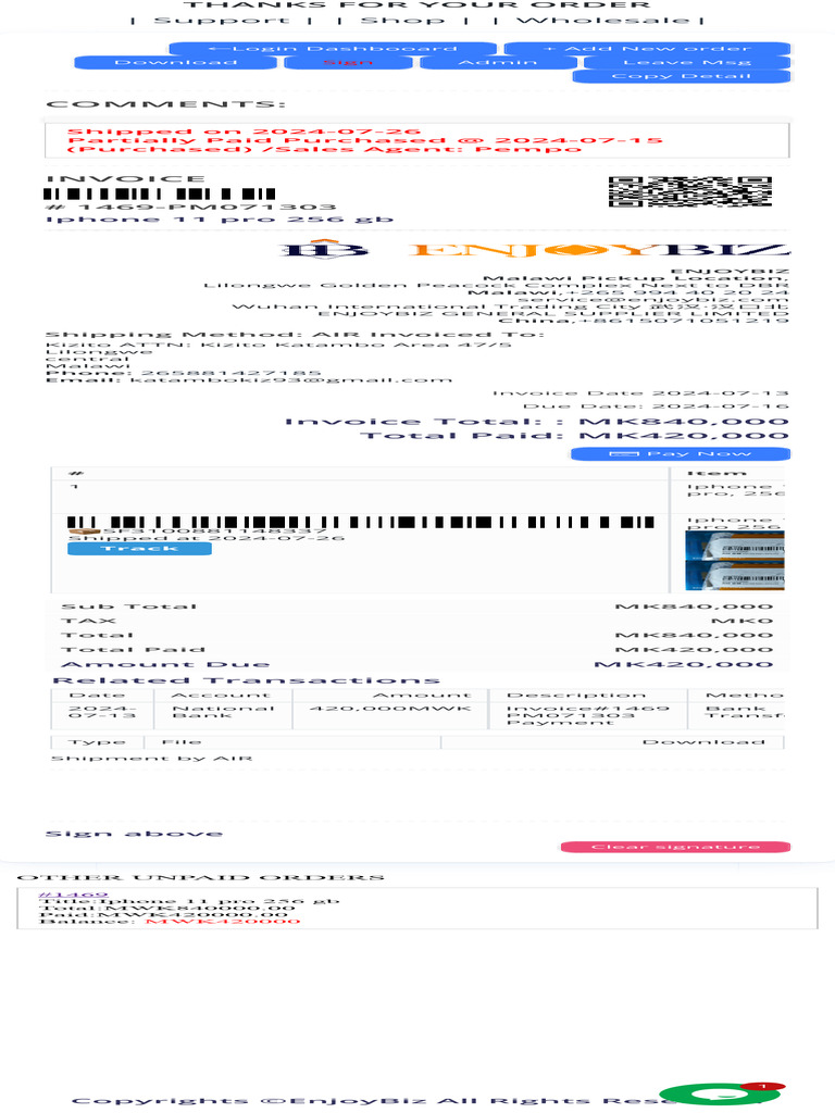 1469#INVOICE - PM 071303 - Kizito Katambo-iPhone 11 Pro 256 GB - MK840 ...