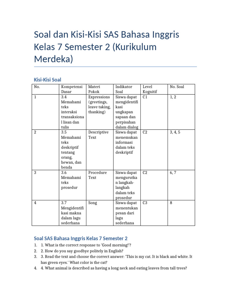 SAS Bahasa Inggris Kelas 7 Semester 2 Kumer | PDF