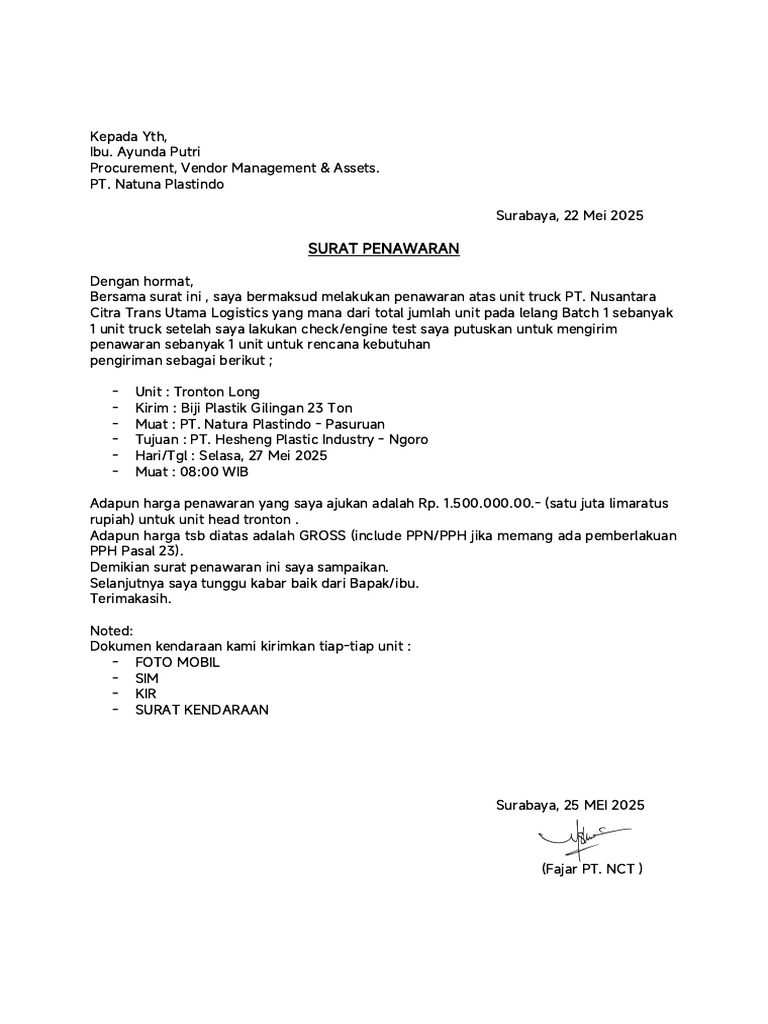 Surat Penawaran PT Natuna Plastindo | PDF
