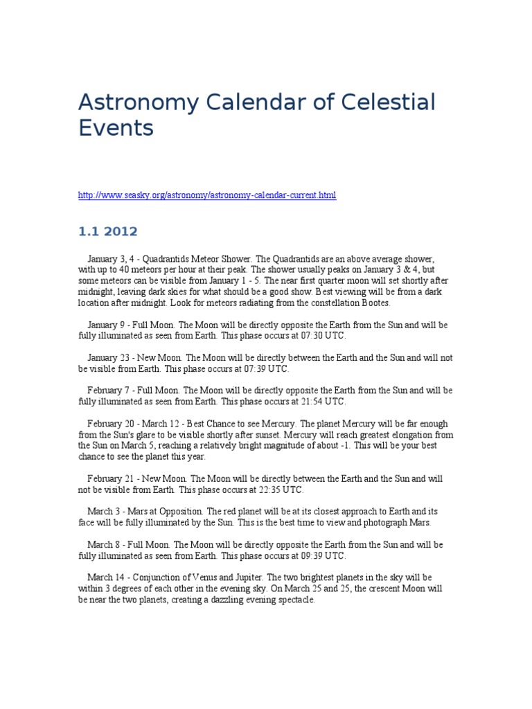 Astronomy Calendar of Celestial Events | PDF | Solar Eclipse | Moon