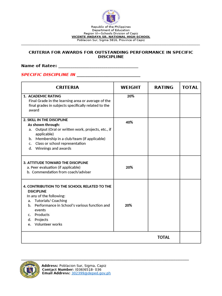 Criteria For Specific Discipline Award | PDF | Behavior Modification ...