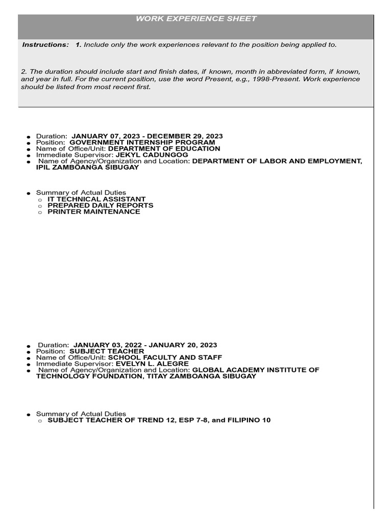 CS Form No. 212 Attachment - Work Experience Sheet 2 PDF | PDF