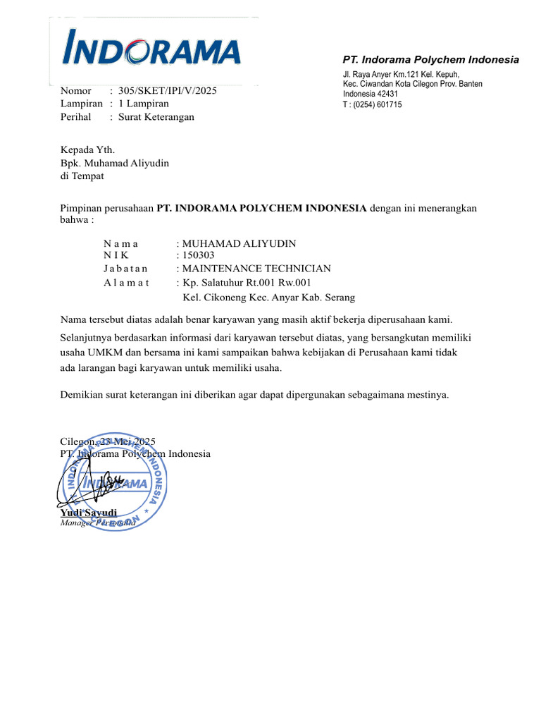 Surat Keterangan Indorama Aliyudi | PDF
