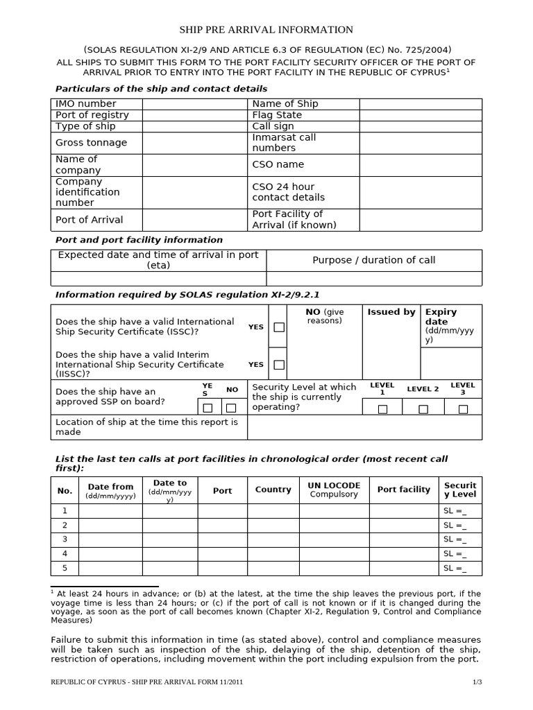 Isps Pre-Arrival Form 2011 | PDF | Water Transport | Shipping