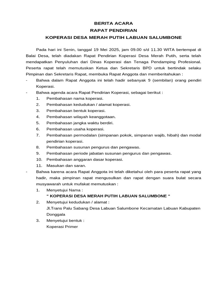 CONTOH BA RAPAT PENDIRIAN KDMP | PDF