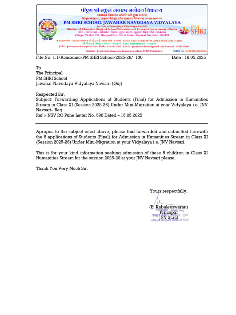 Surat JNV Letter | PDF