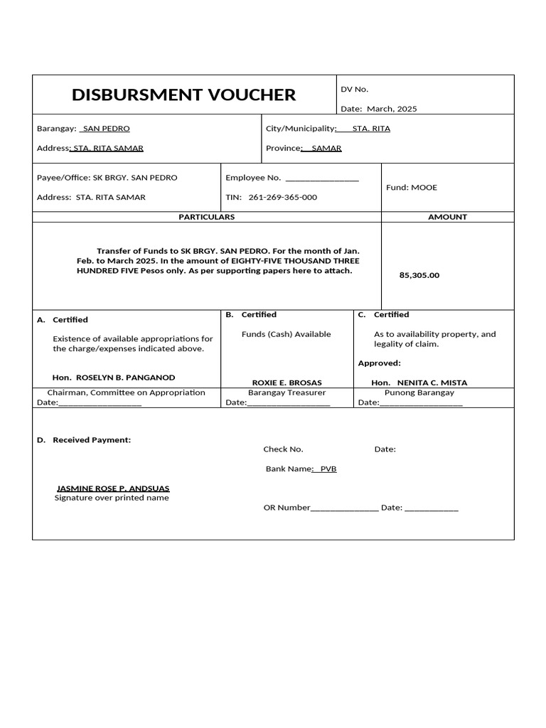 SK Disbursement Voucher - March 2025 | PDF