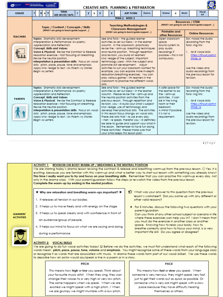 Grade 8 Drama: Vocal Skills Lesson Plan | PDF | Learning | Poetry