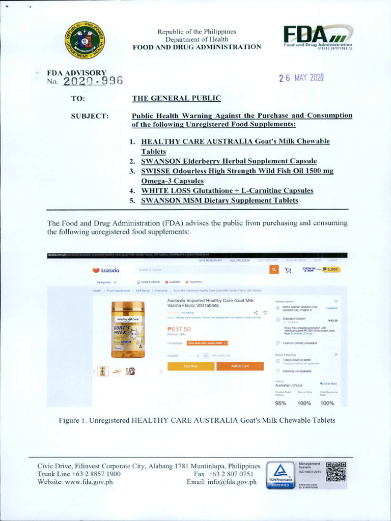 FDA Advisory No.2020 996 | PDF